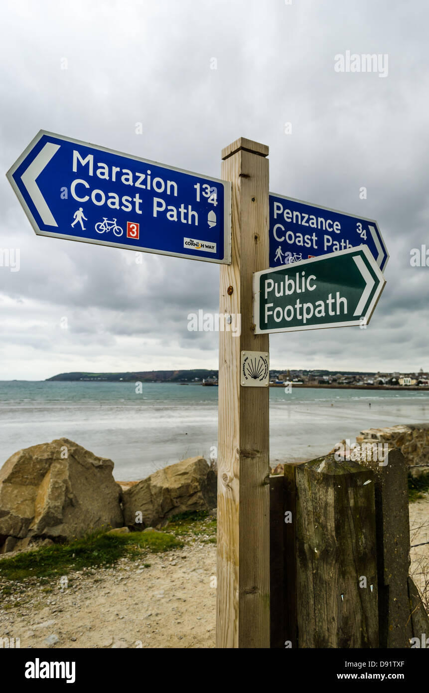 Trail signs on the Coast Path along Mount's Bay. Penzance, Cornwall ...