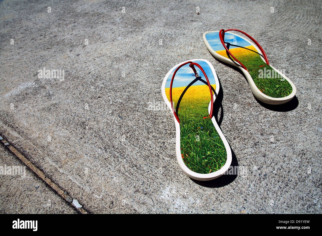 Ecological footprint: sandals depicting flowerfilled natural ...