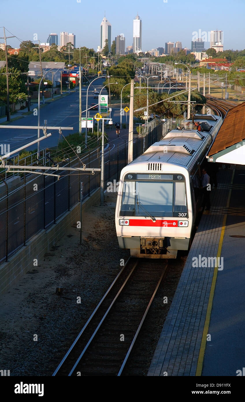 Morning commuter train into the city, Meltham Station, Perth, Western ...