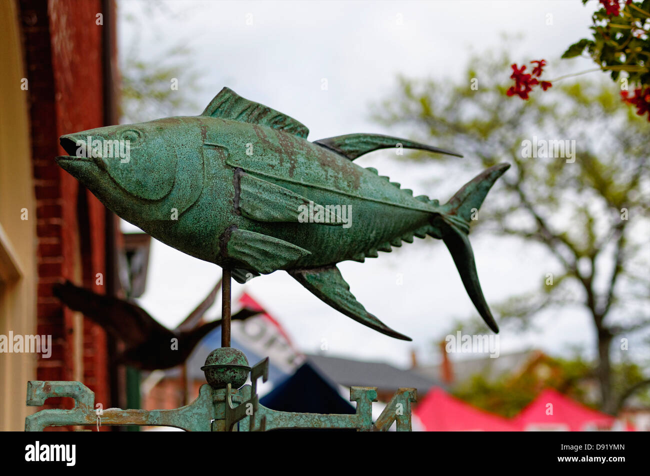 Coper fish weathervane with green patina against dark spring sky Stock ...