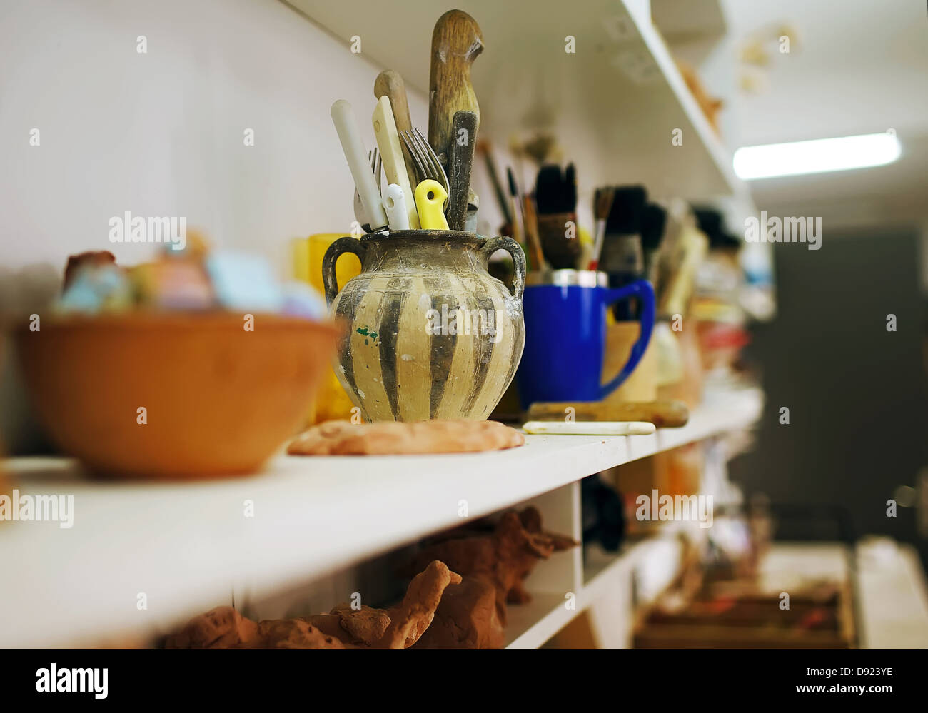 clay pottery potter ceramics handcrafts on vintage table artisan studio ...