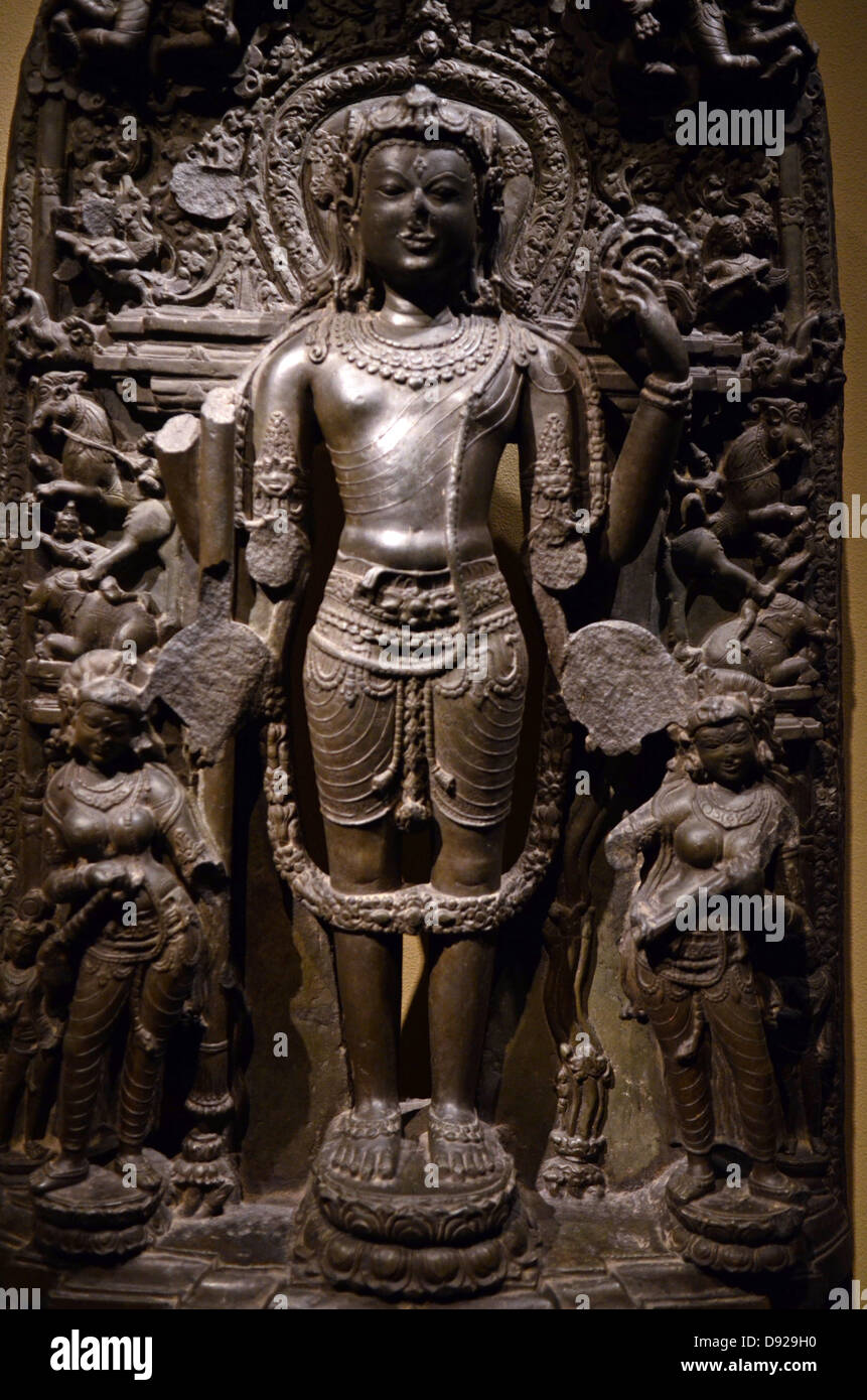 Standing Vishnu and his Consorts, Lakshmi and Sarasvati, Pala Period ...