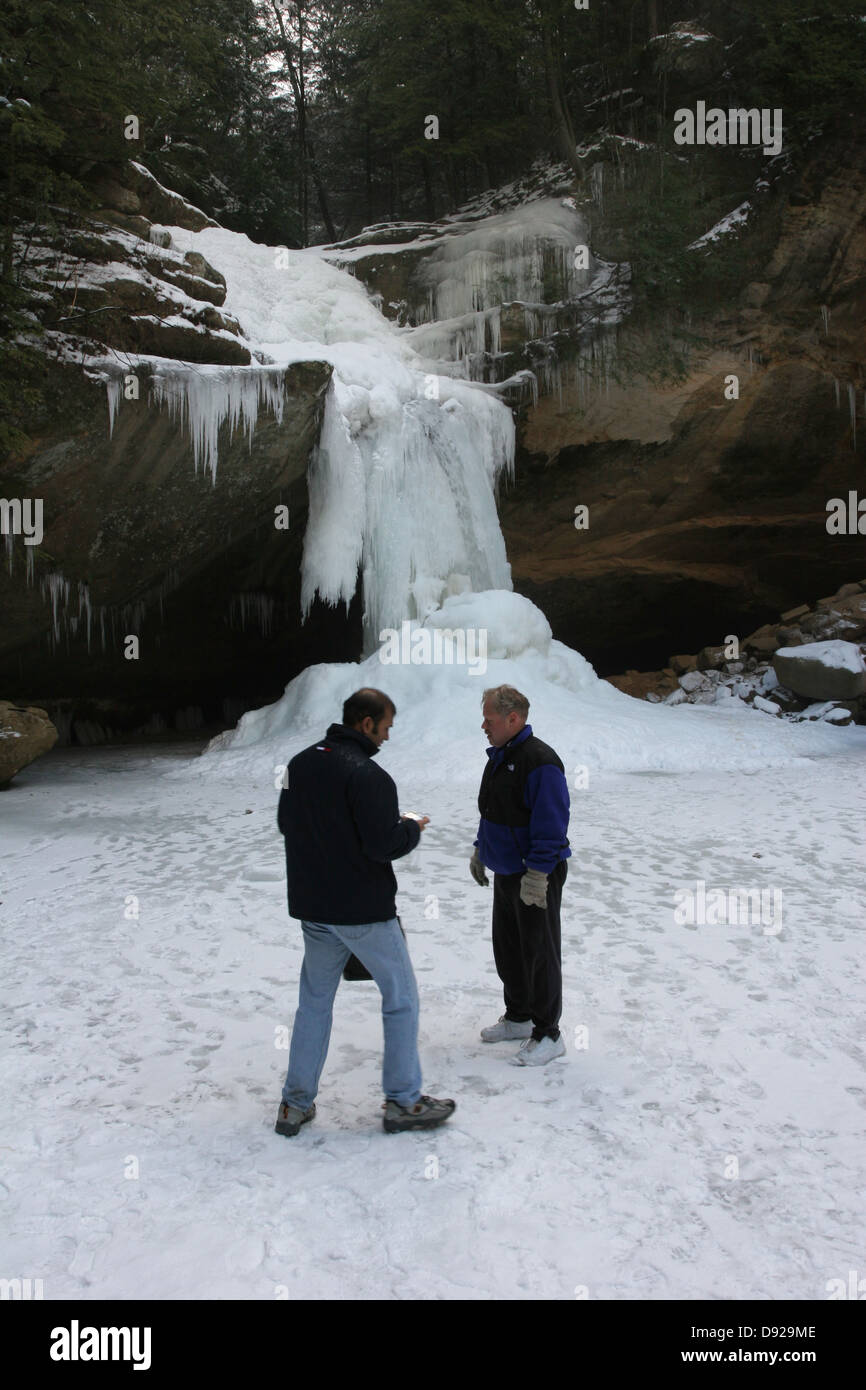 Hikers at Frozen waterfall Old Man's Cave Hocking Hills Ohio Stock ...