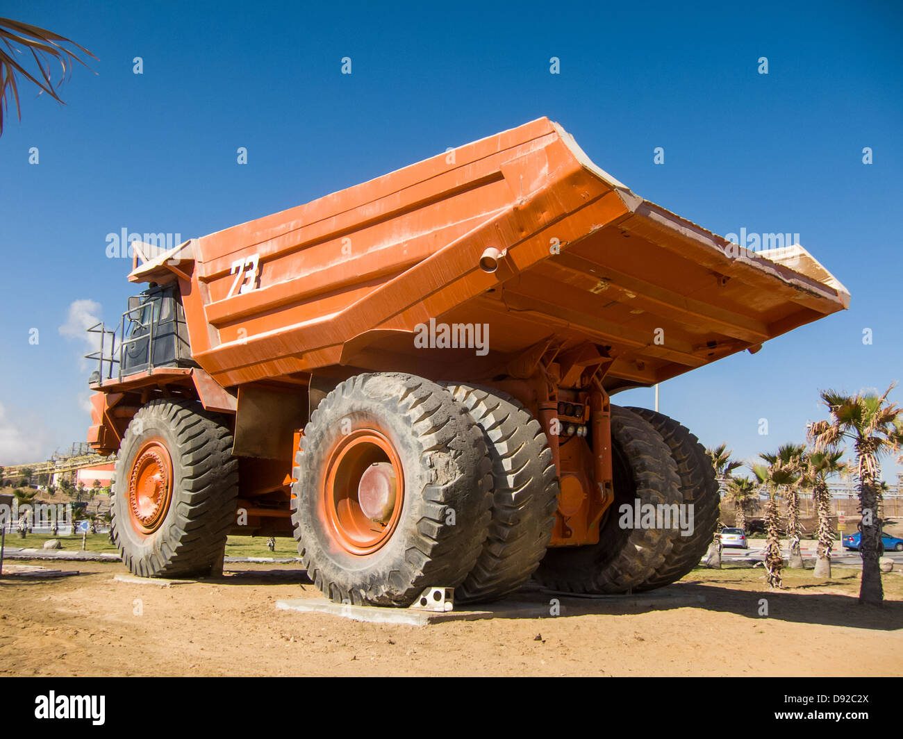 Dumper displayed at the entrance to a quarry in the Negev desert ...