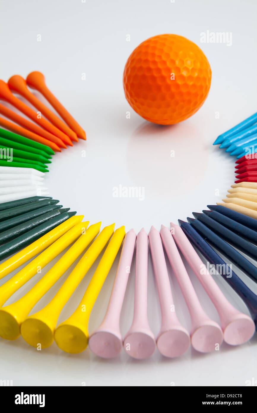 The different colorful wooden golf tees on the white background Stock ...