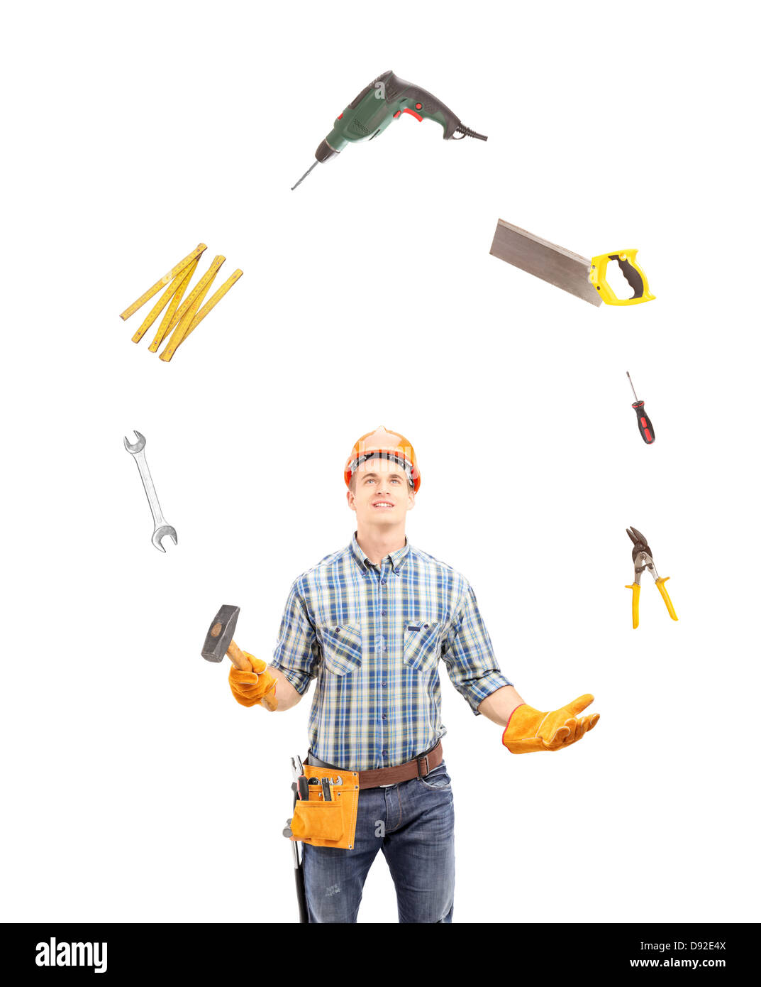 Manual worker juggling with tools, isolated on white background Stock ...