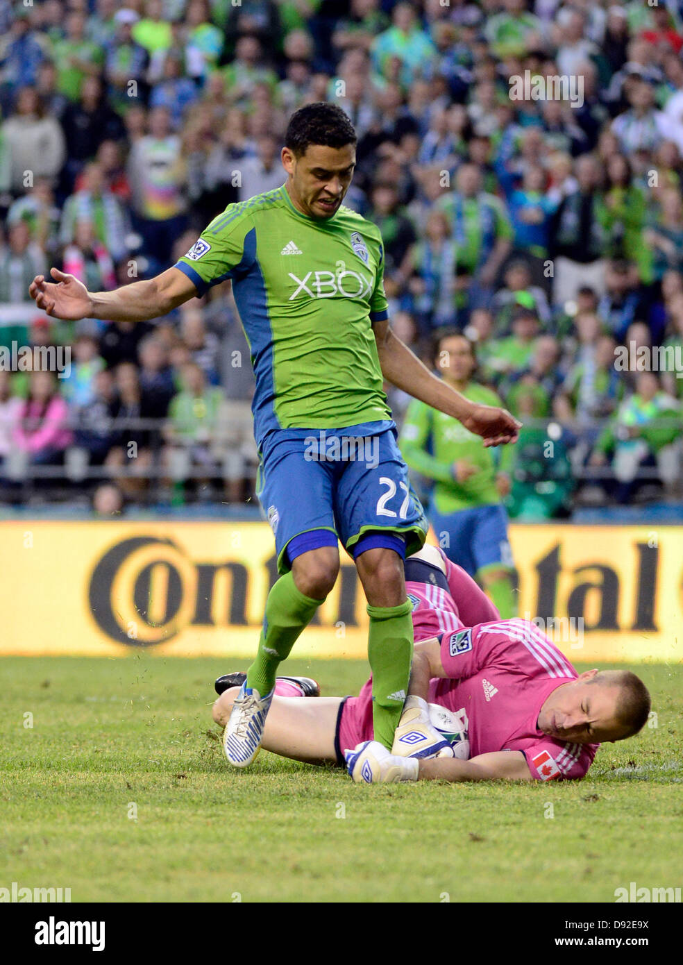 June 8, 2013 ..Vancouver FC goalkeeper Brad Knighton #18 makes a save ...