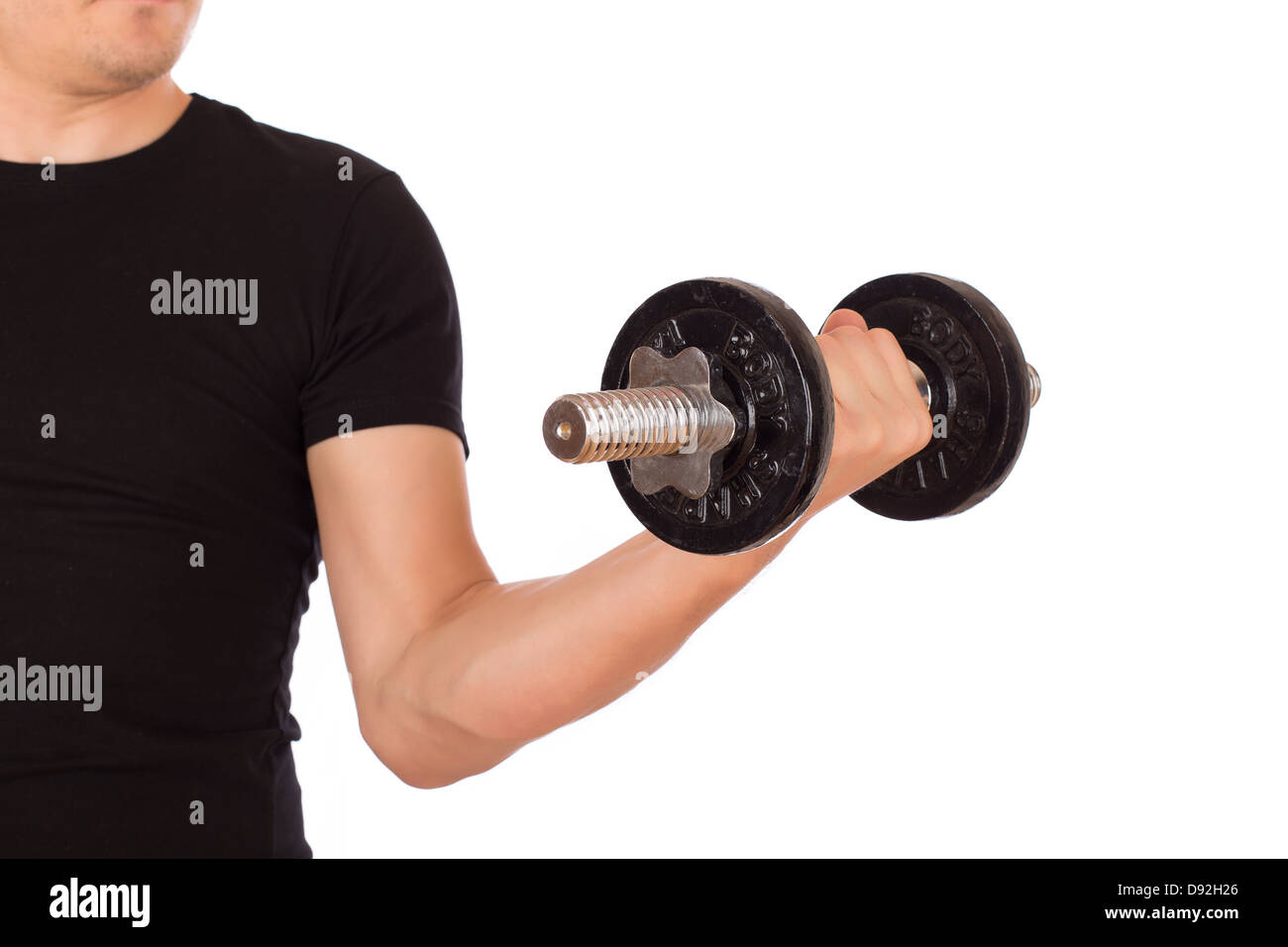 Man exercise with a weighty dumbbell. Isolated on white background ...