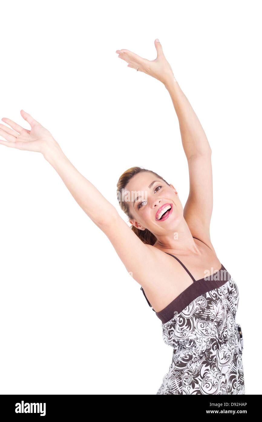 Happy woman with arms up isolated over white background Stock Photo - Alamy
