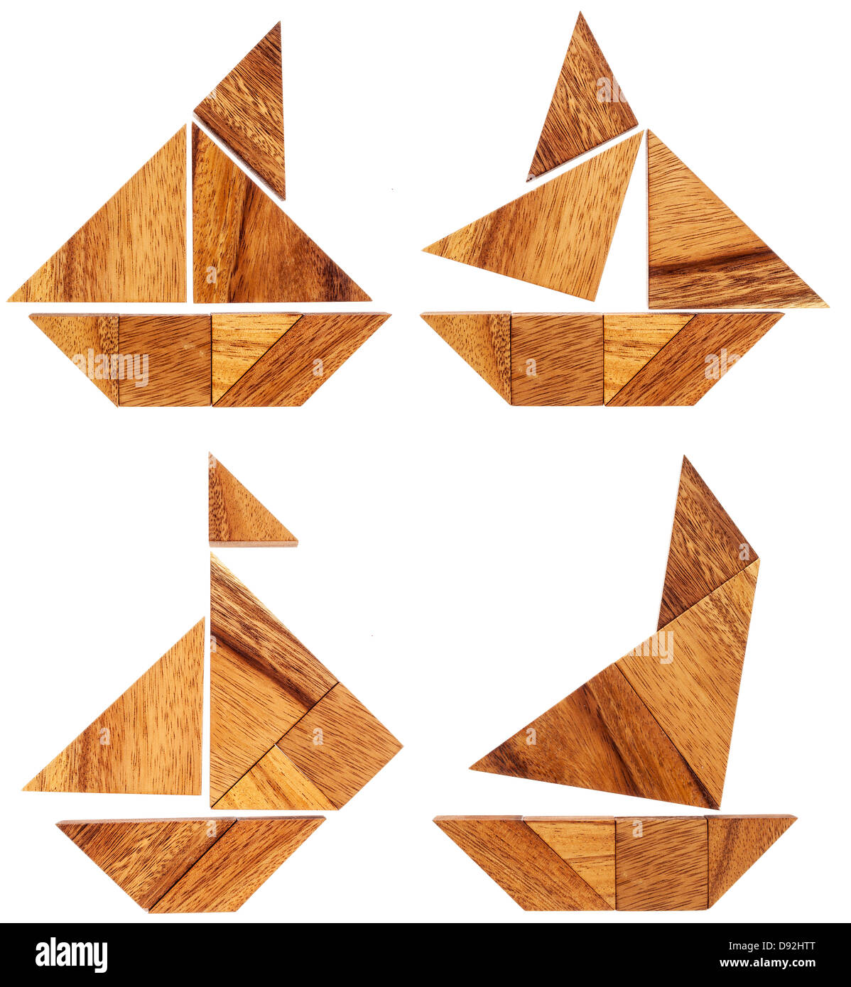 four abstract pictures of sailing boats built from seven tangram wooden ...