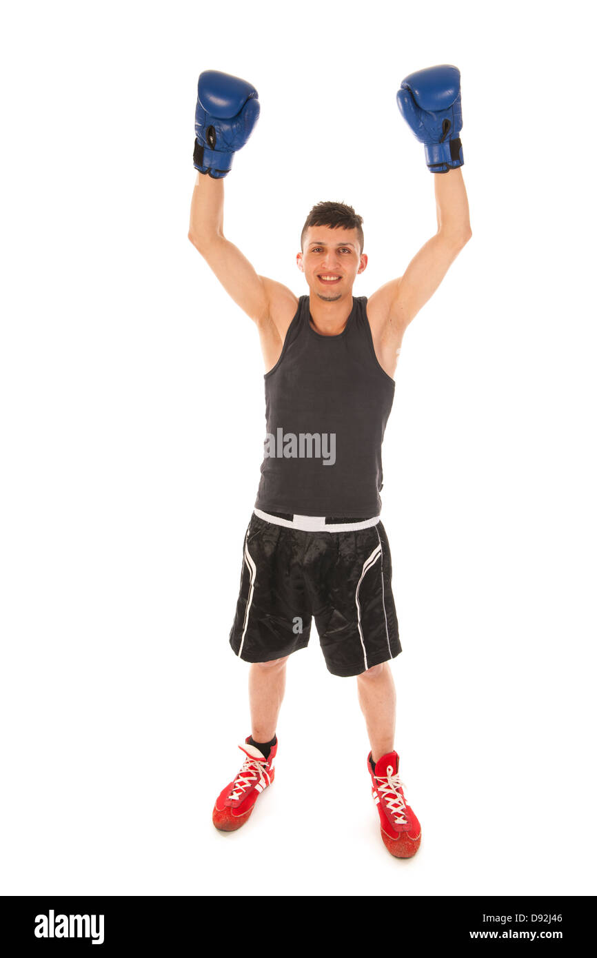 Boxing man winning the game isolated over white background Stock Photo ...