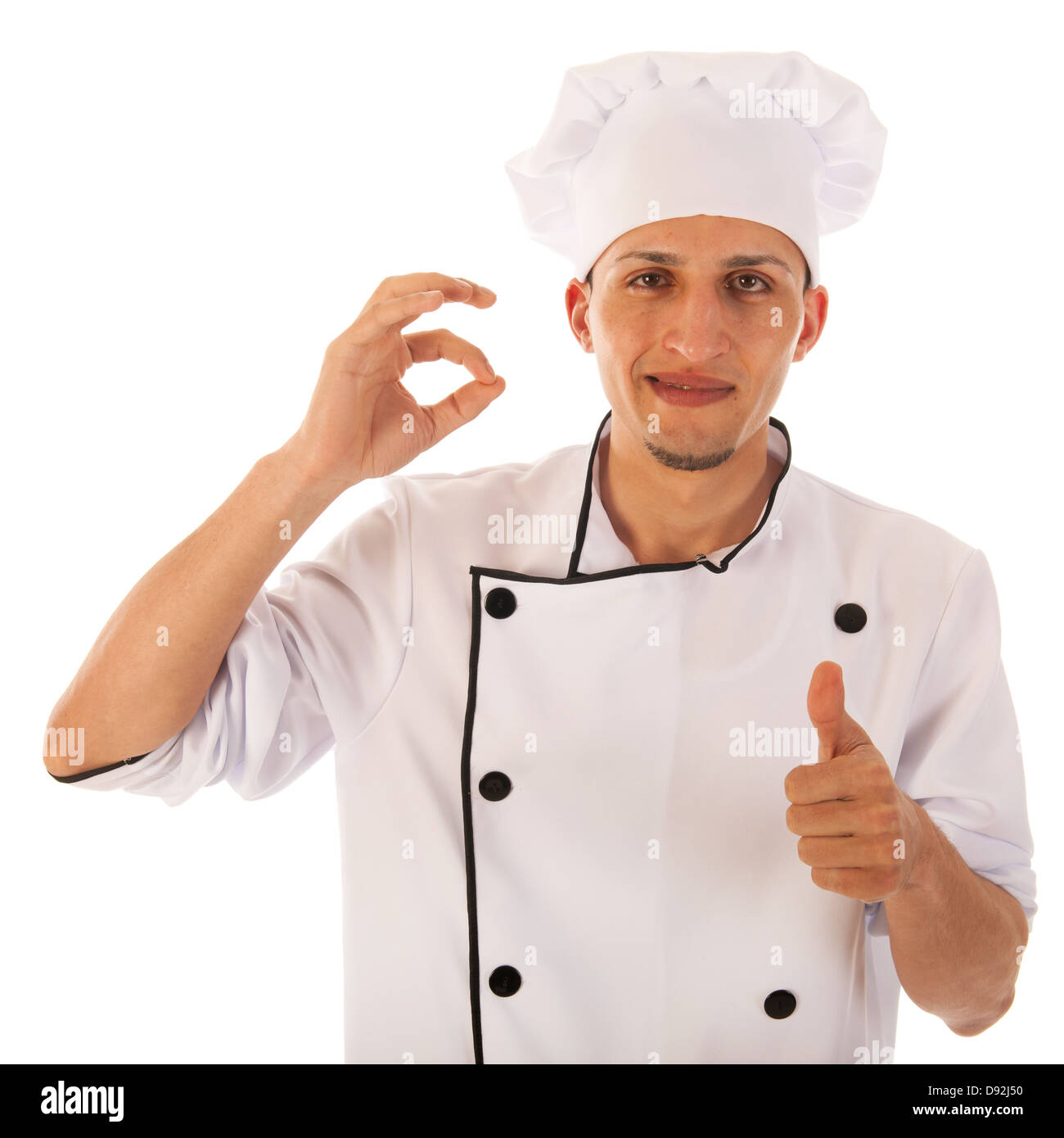 Cook making the ok sign for the food isolated over white background ...