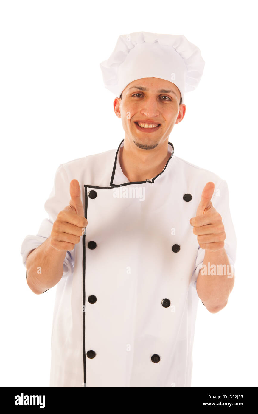 Cook having thumbs up sign for the food isolated over white background ...