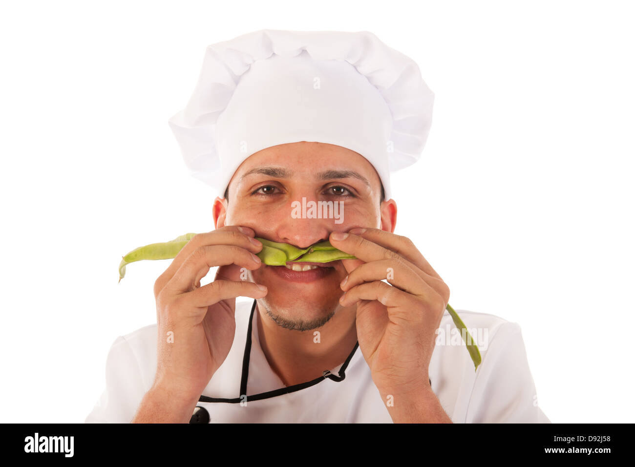 Cook with fresh green beans as mustache isolated over white background ...