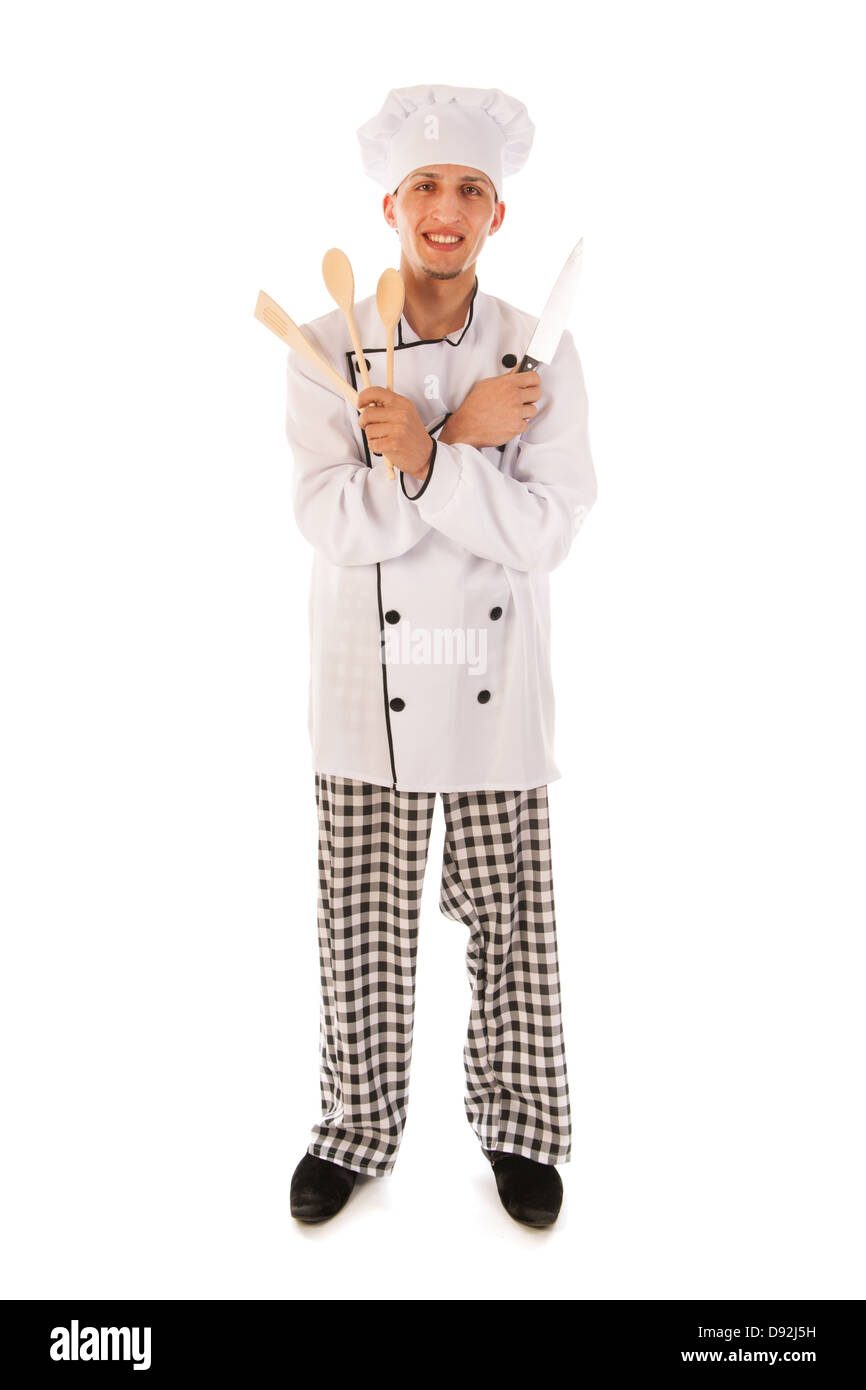Cook with kitchen utensil as wooden spoons and knife Stock Photo - Alamy