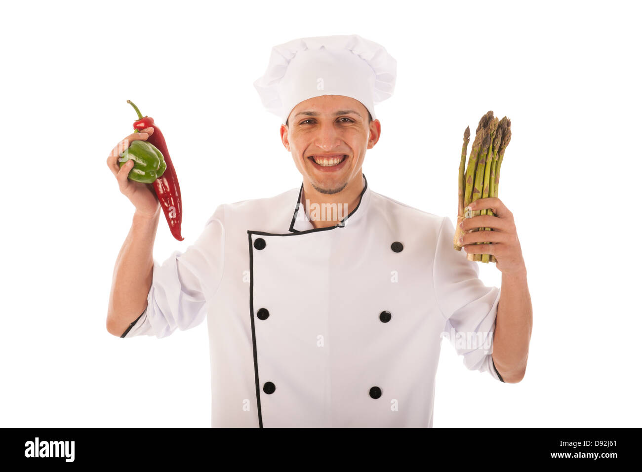 Cook preparing fresh vegetables isolated over white background Stock ...