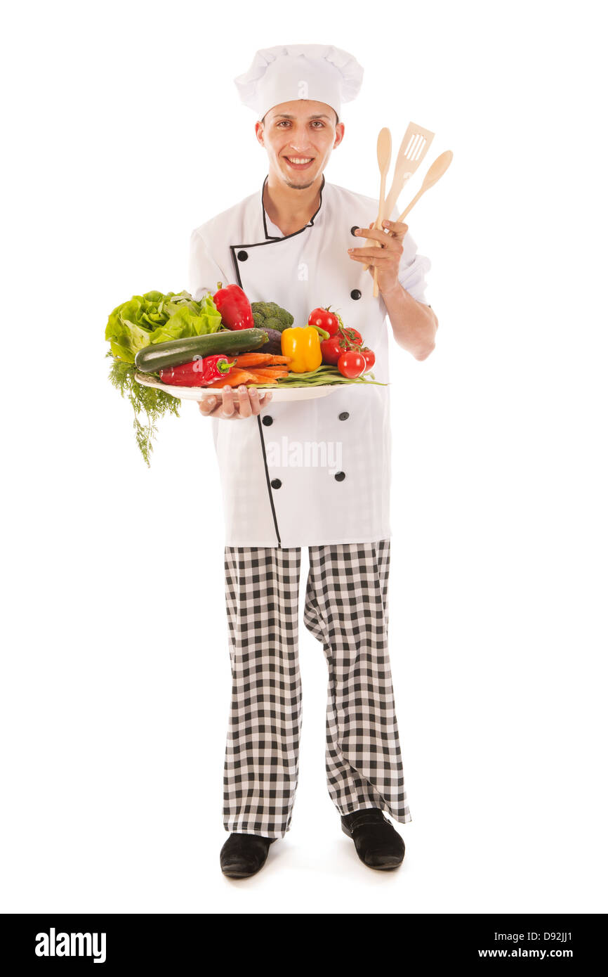 Cook with big assortment fresh vegetables isolated over white ...
