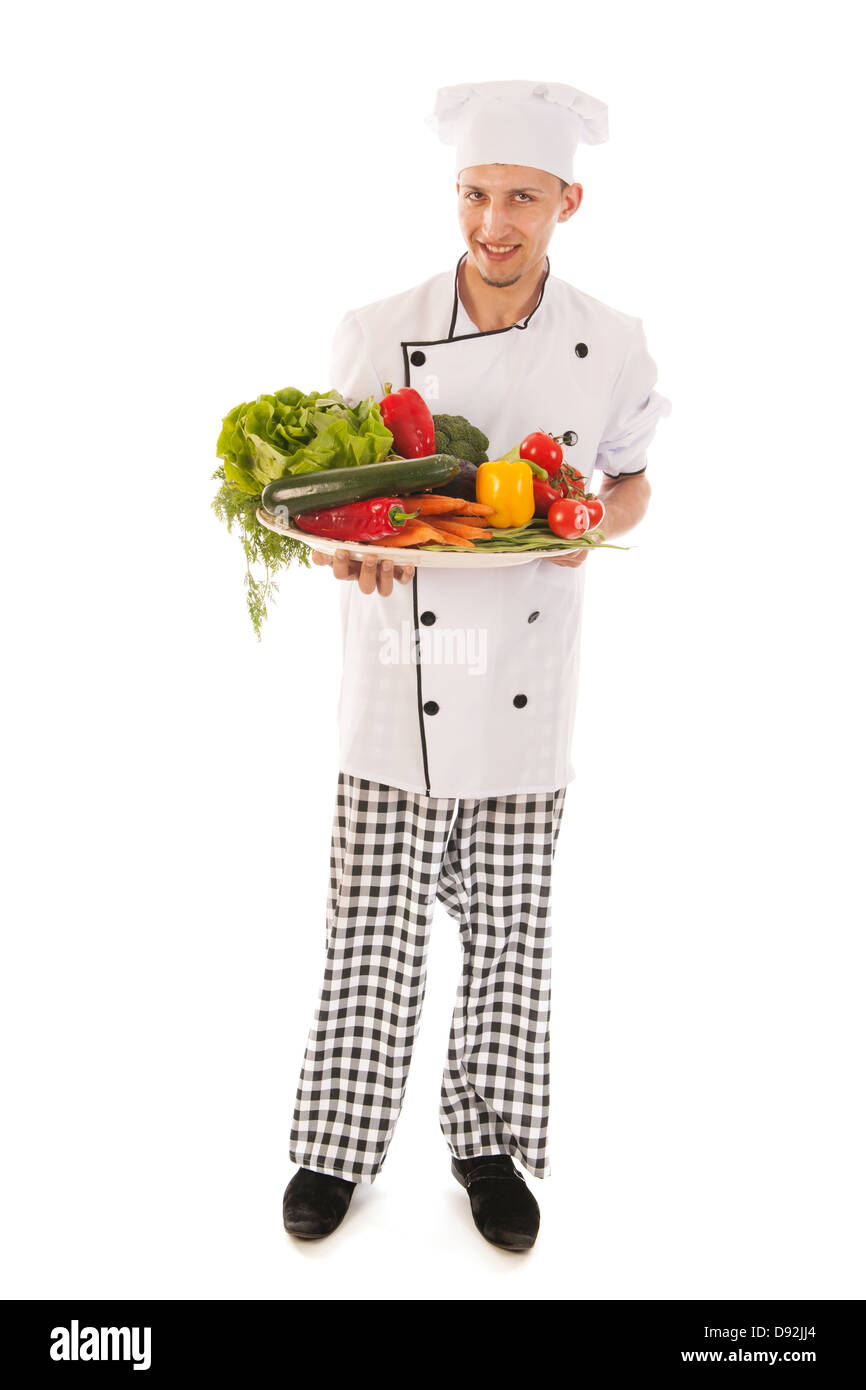Cook with big assortment fresh vegetables isolated over white ...