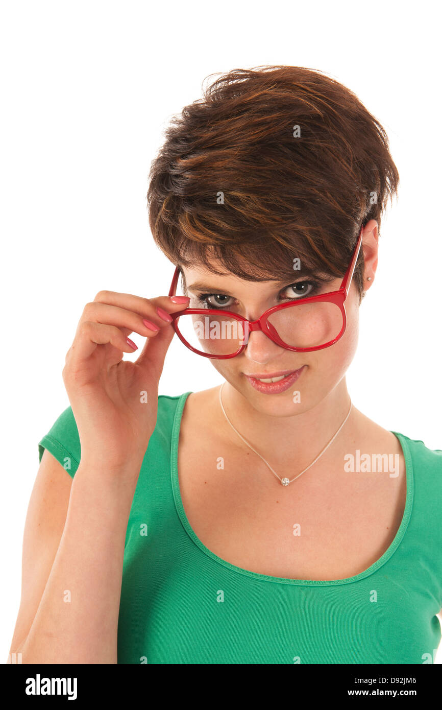 Portrait pretty young woman with short hair isolated over white ...