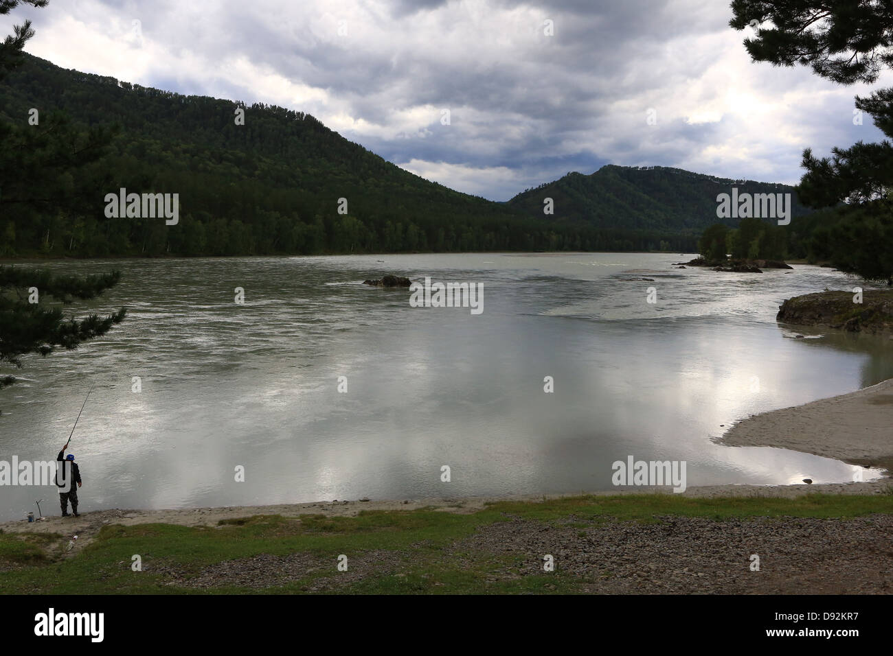 Katun river Altai Siberia Russia lonely lone rod fishing reflection ...