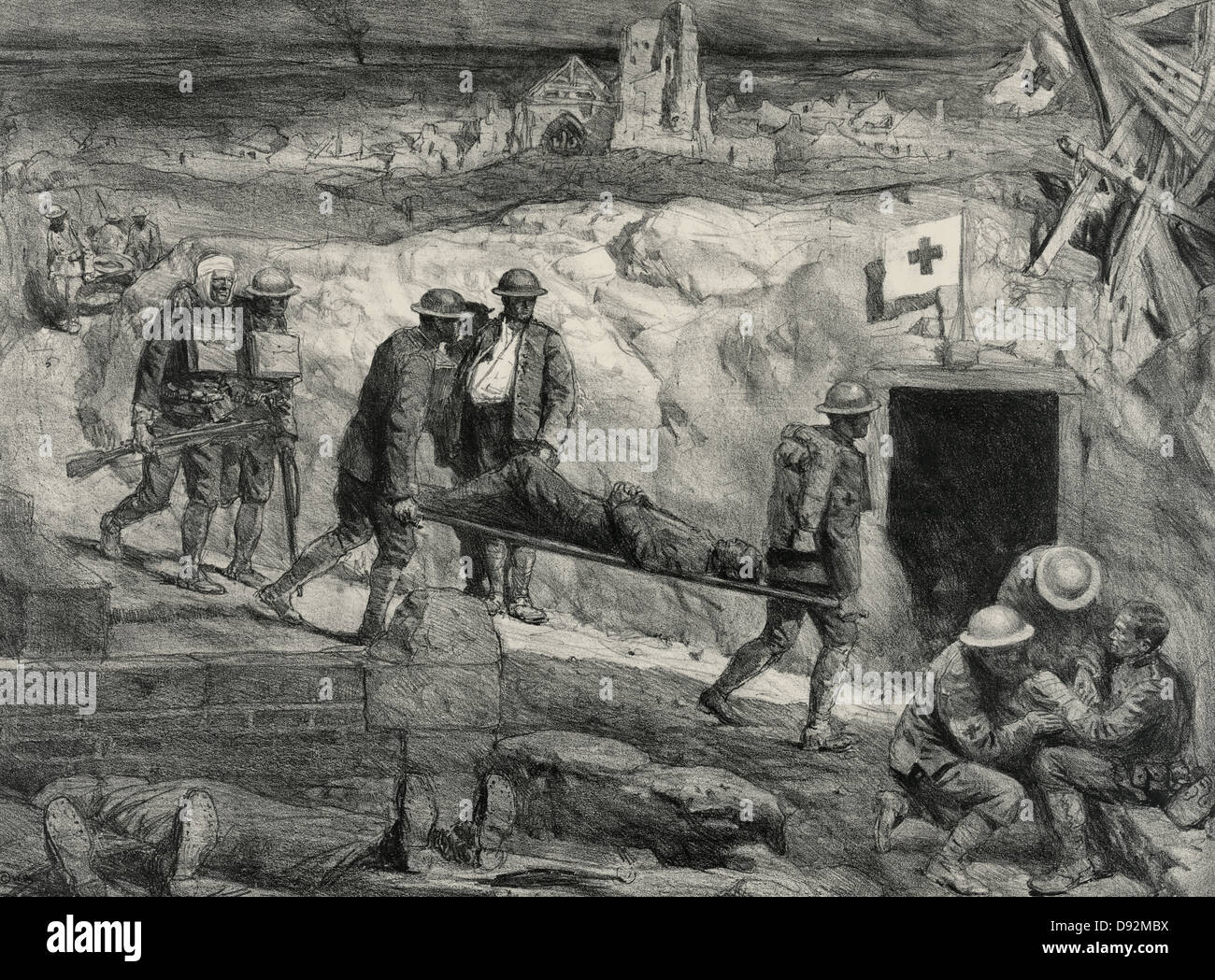 A first aid station - wounded soldiers entering an aid station during ...