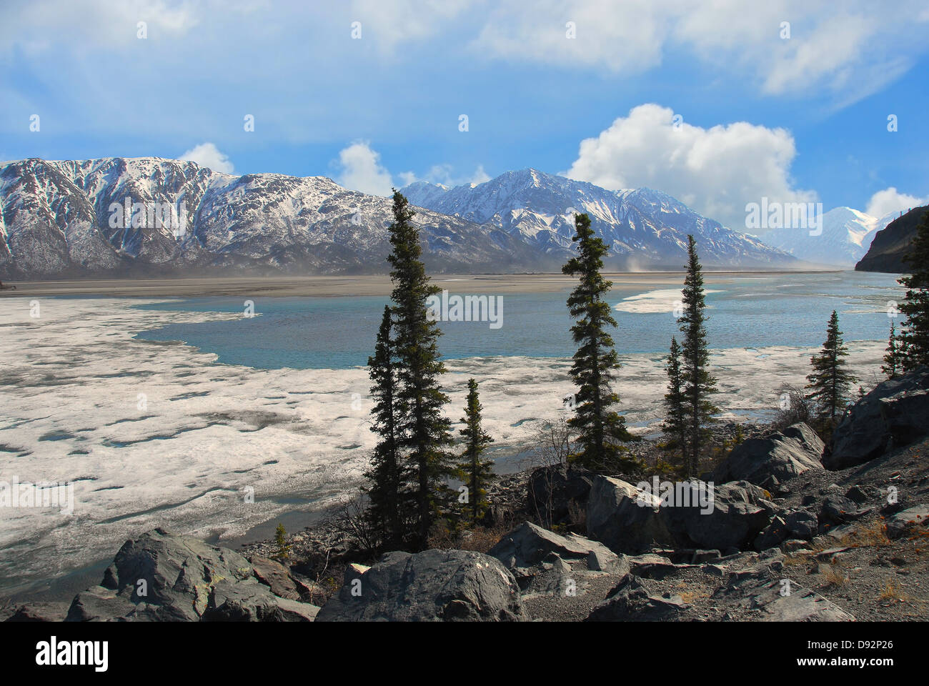 Frozen lake thawing in the Spring in the Wrangell Mountains in Alaska ...