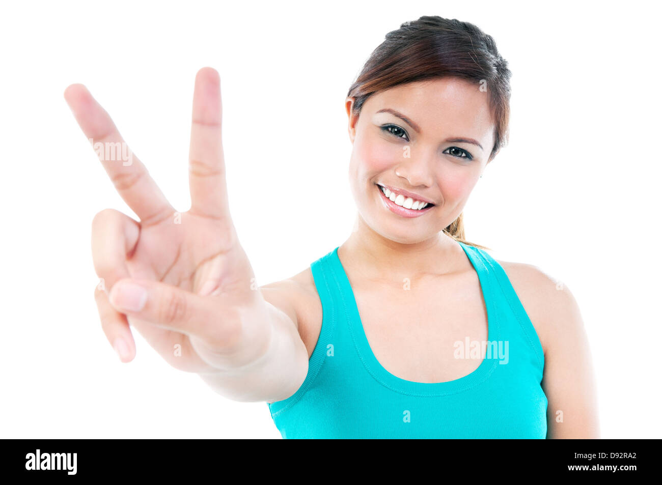 Woman giving peace sign hi-res stock photography and images - Alamy