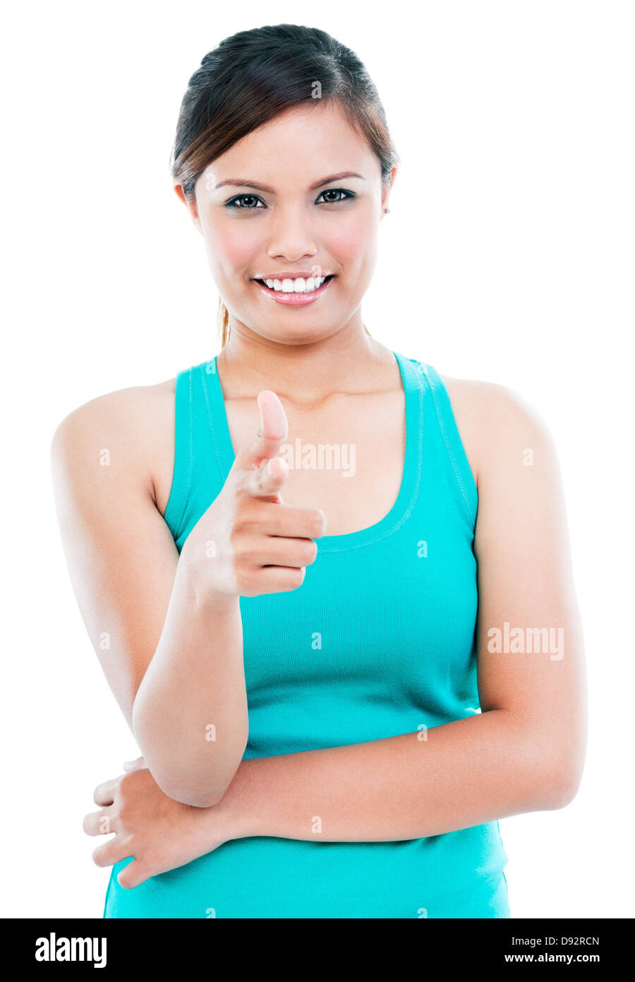 Pretty young woman pointing at camera, portrait Stock Photo - Alamy