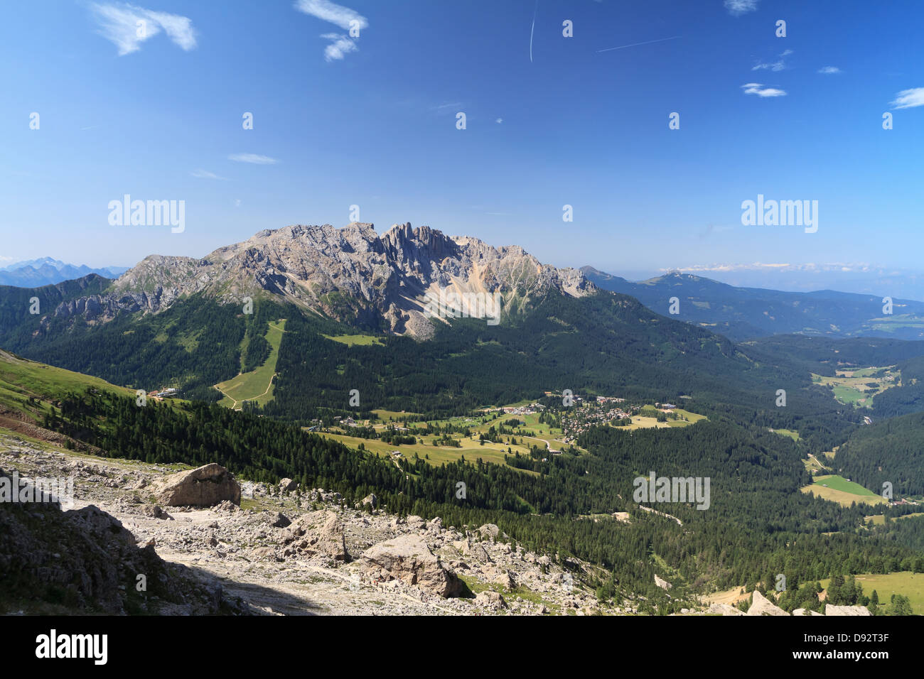 summer landscape of Costalunga pass and Latemar mount, Trentino Alto ...