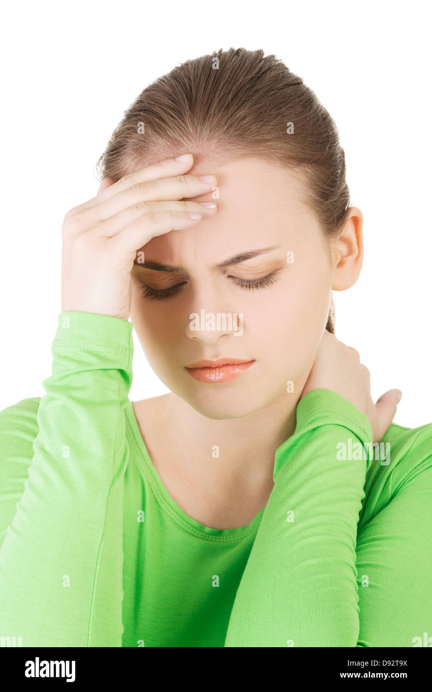 Young sad woman have big problem ,depression or headache , over white ...