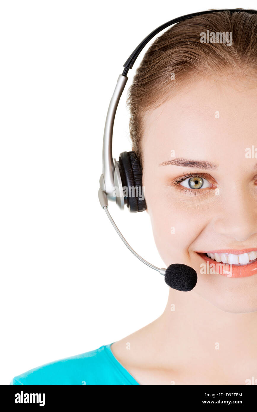 Beautiful young call-center assistant smiling , isolated Stock Photo ...
