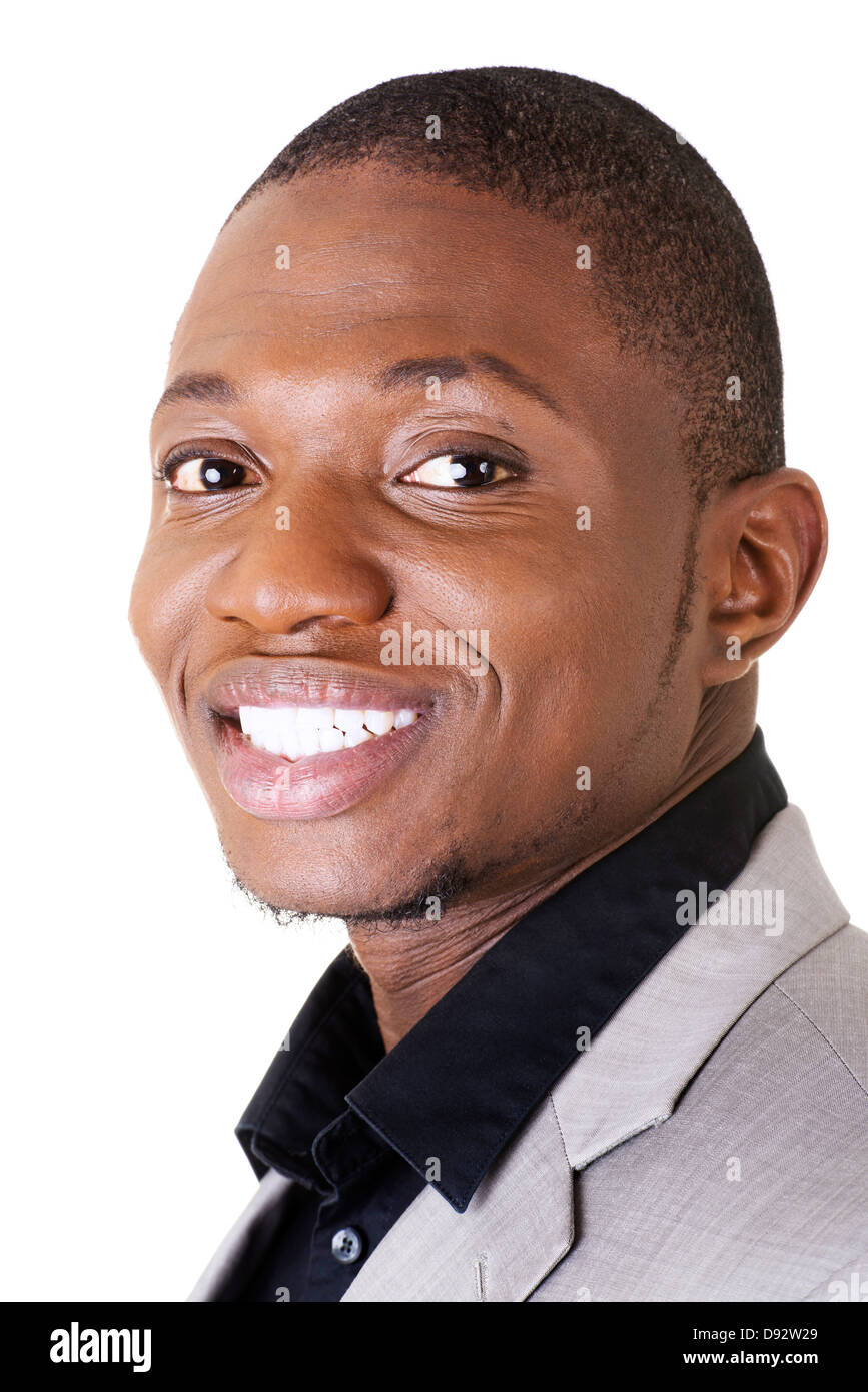 Happy smart black businessman smiling, isolated on white Stock Photo ...