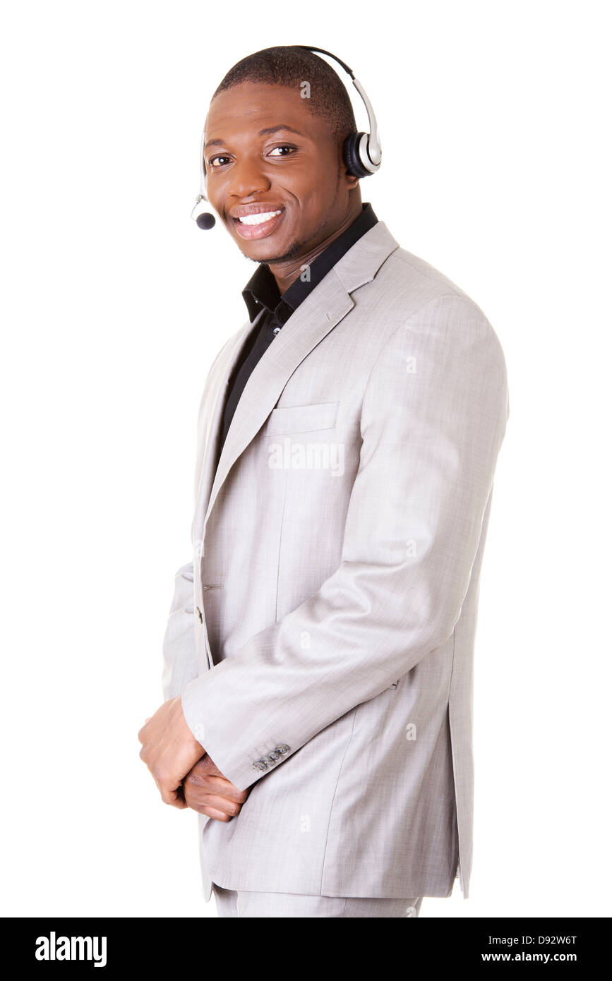 Support phone operator in headset isoalted on white Stock Photo - Alamy