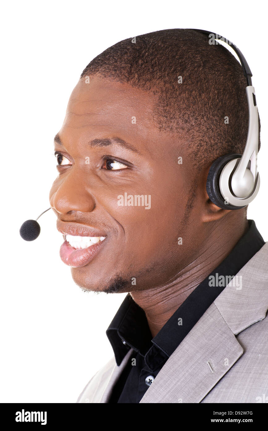 Support phone operator in headset isoalted on white Stock Photo - Alamy
