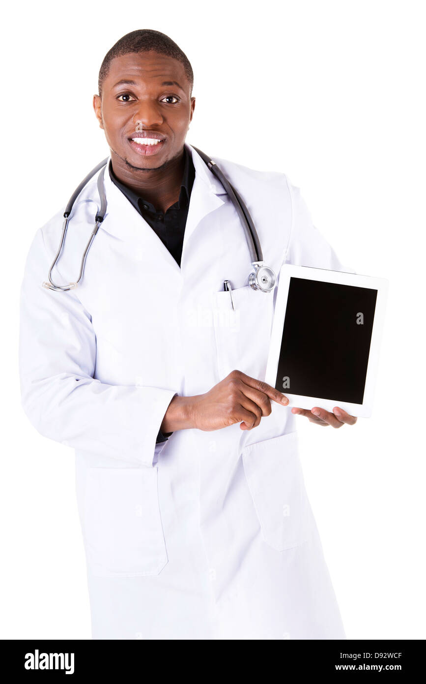 Smiling doctor using a tablet computer isolated on a white background ...