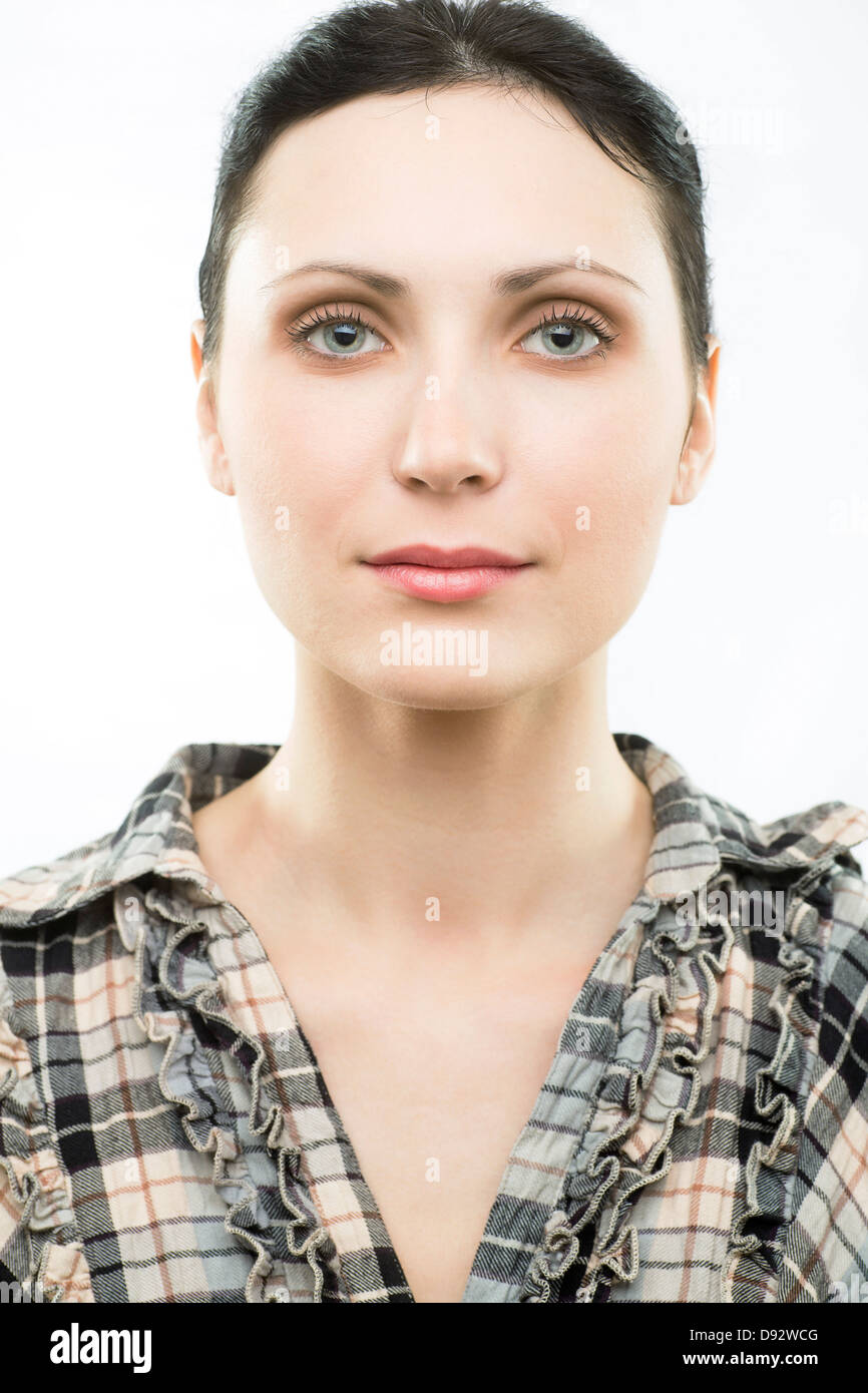 Portrait of beautiful woman with checked shirt Stock Photo - Alamy