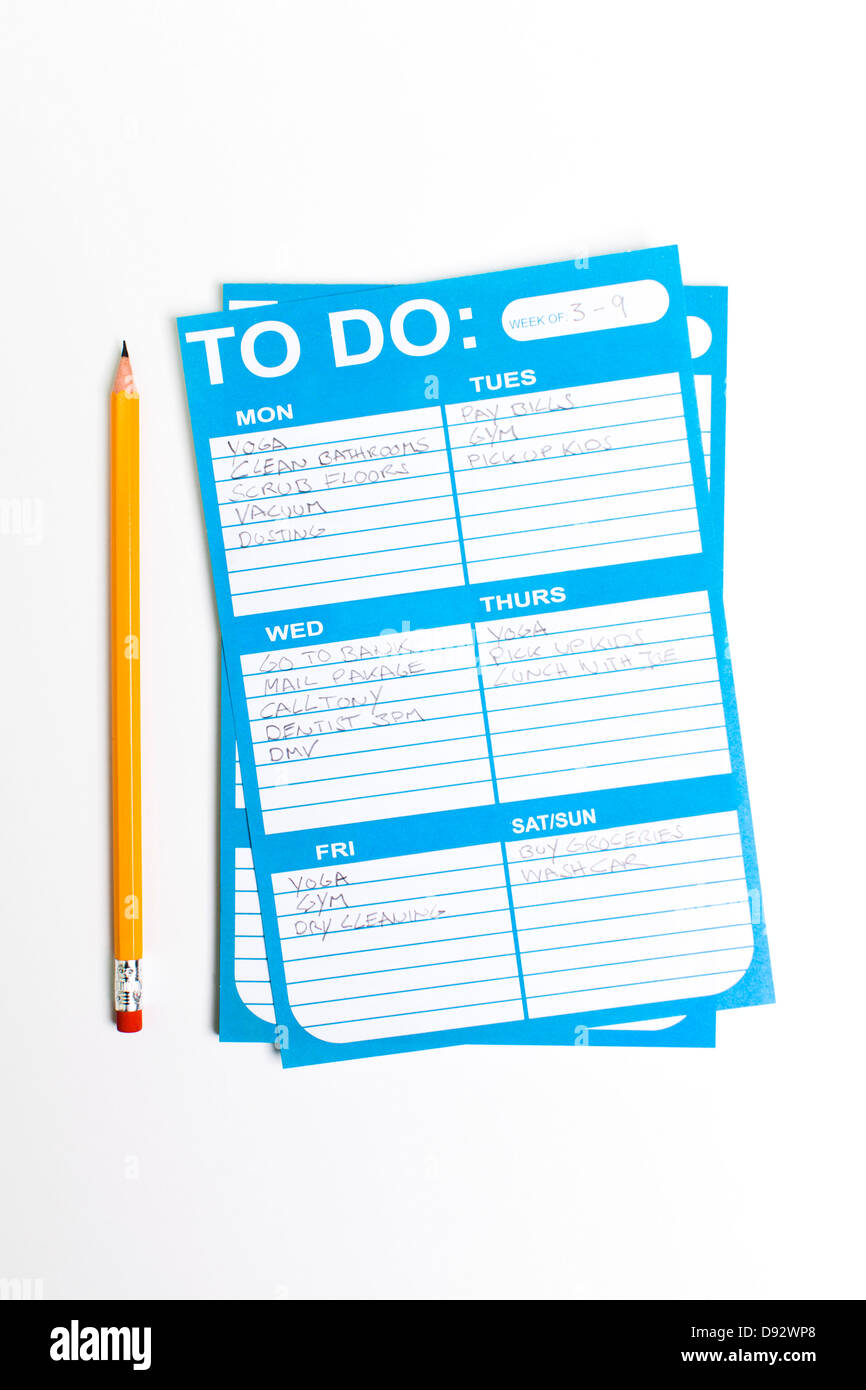 A weekly To Do list filled in with various chores and tasks Stock Photo ...
