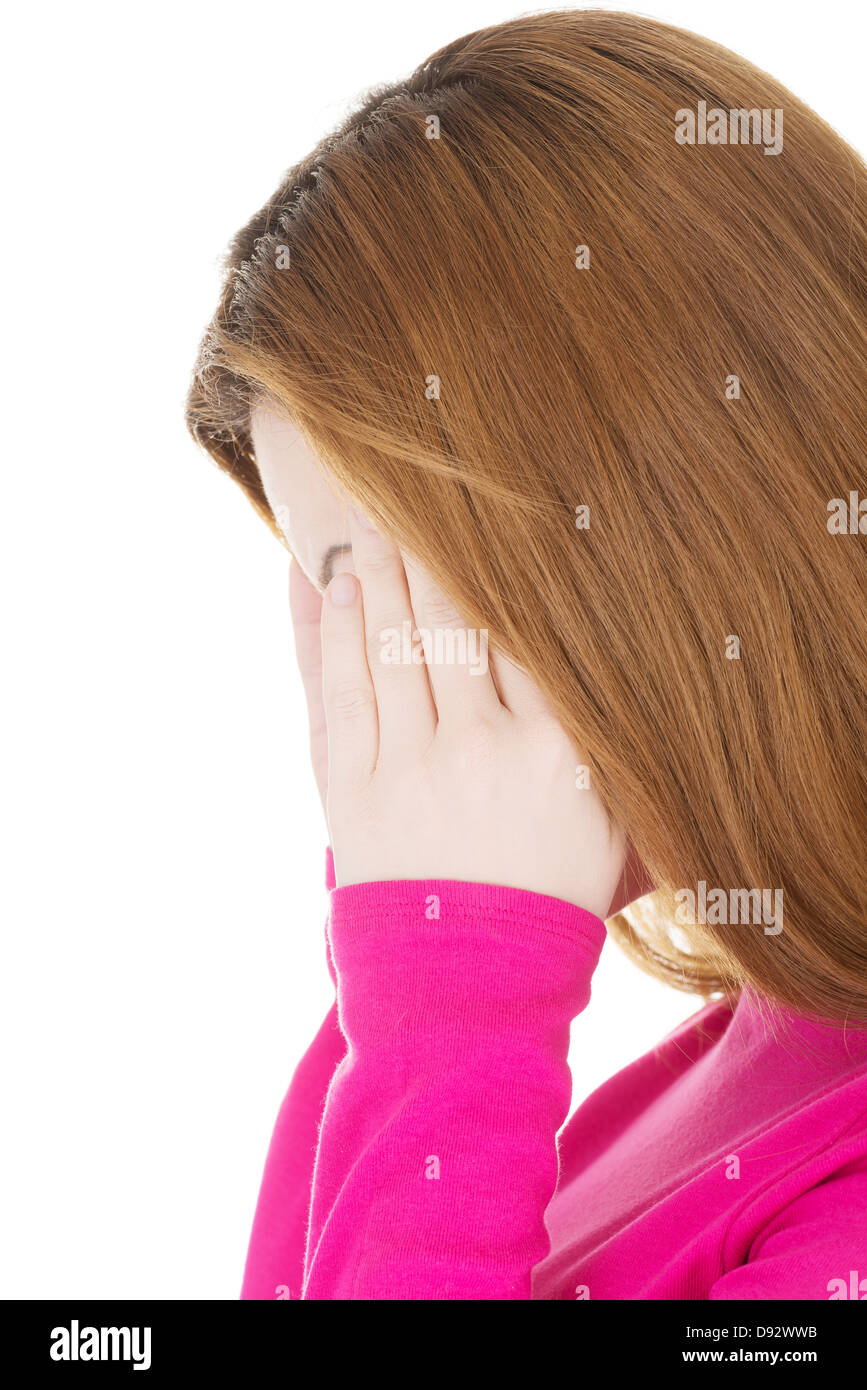 Woman with headache or problem holding her hand to the head Stock Photo ...