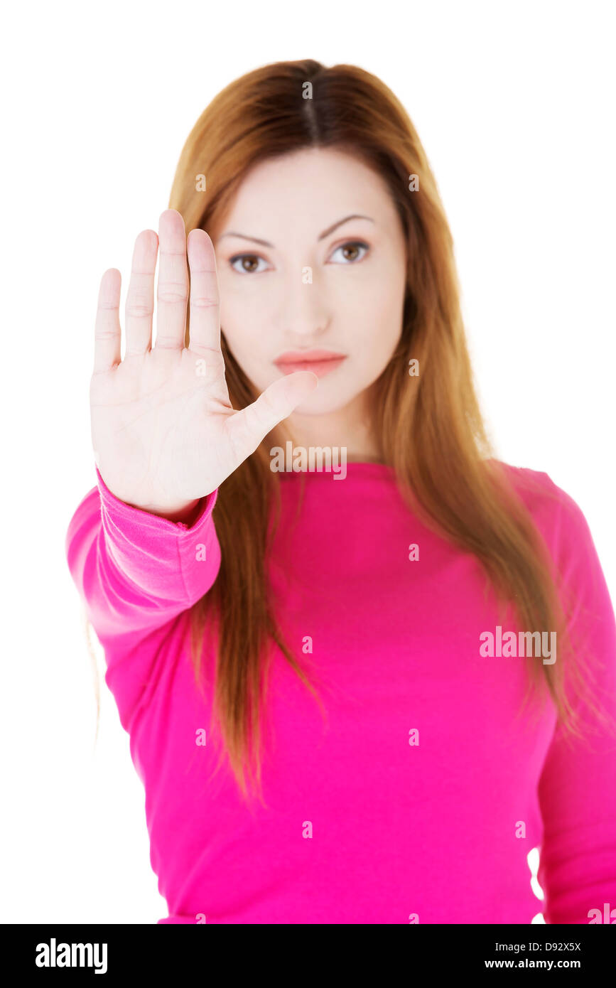 Hold on, Stop gesture showed by woman Stock Photo - Alamy