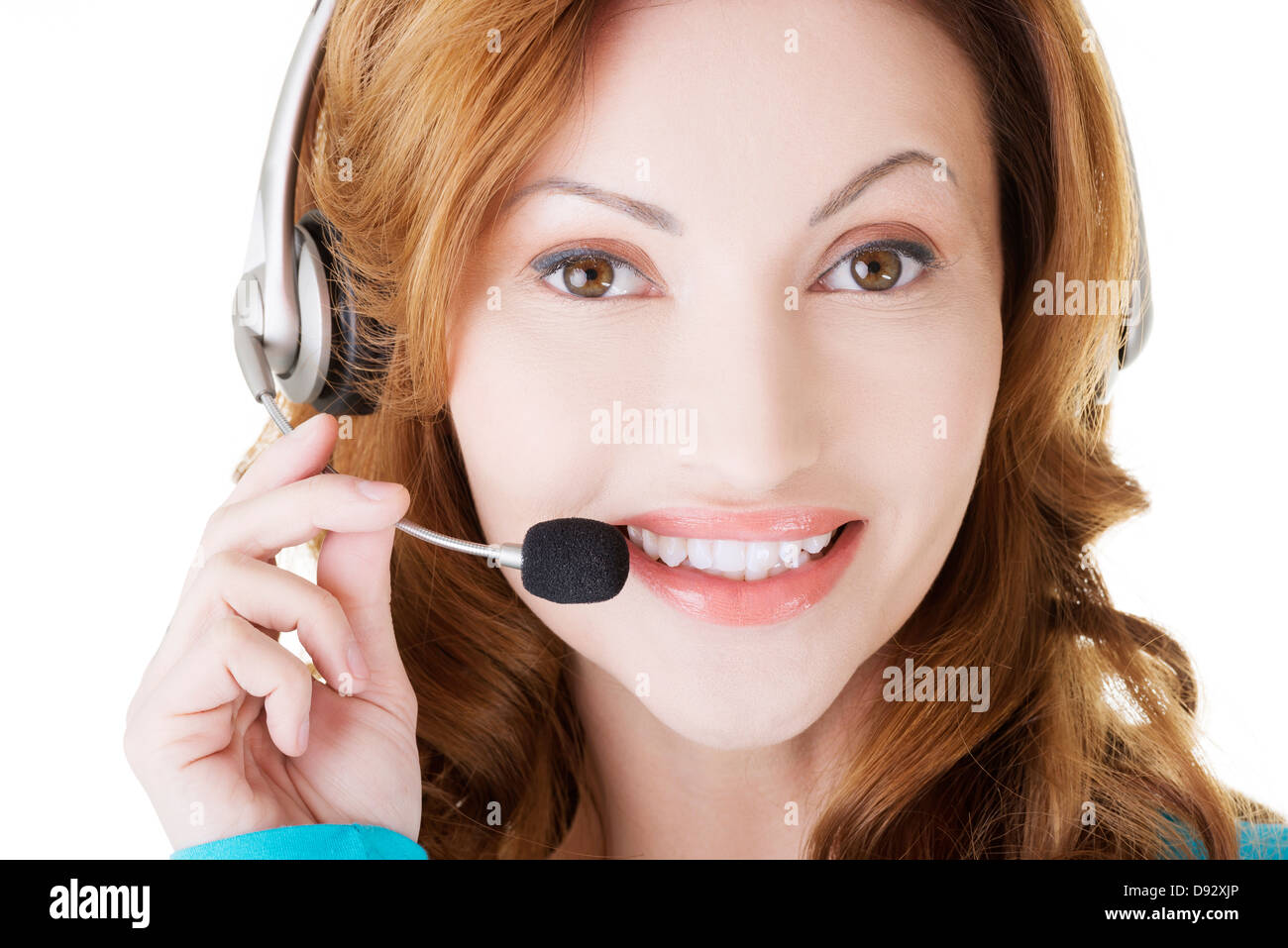 Attractive adult woman with headphones, isolated on white Stock Photo ...