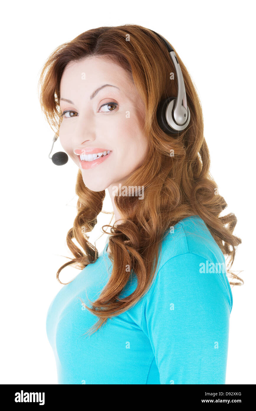 Attractive adult woman with headphones, isolated on white Stock Photo ...