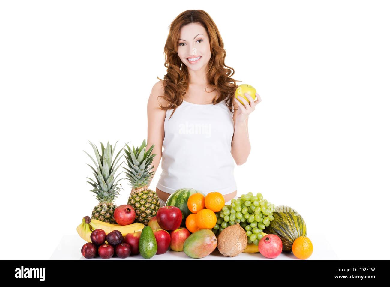 Beautiful woman with fruits, isolated on white Stock Photo - Alamy