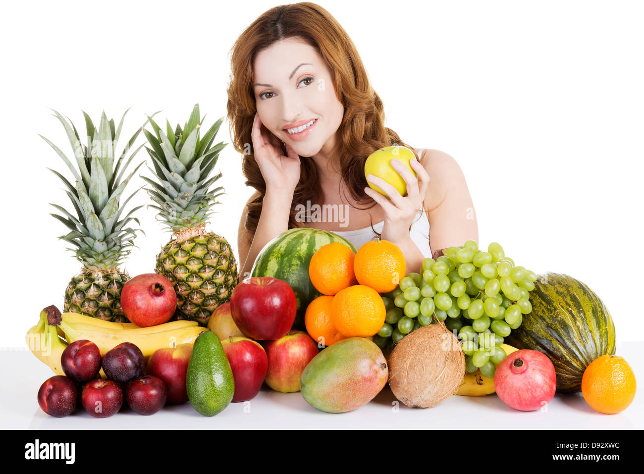 Beautiful woman with fruits, isolated on white Stock Photo - Alamy