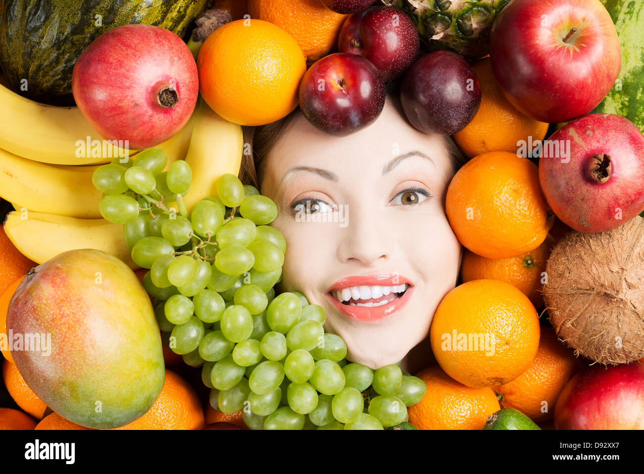 Woman face in fruits, healthy nutrition and diet concept Stock Photo ...