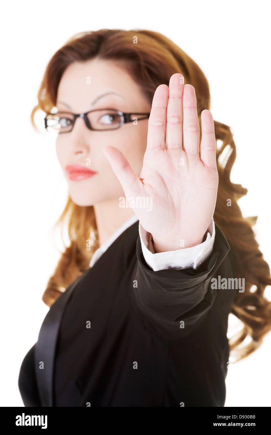 Serious business woman gesturing stop sign, isolated on white Stock ...