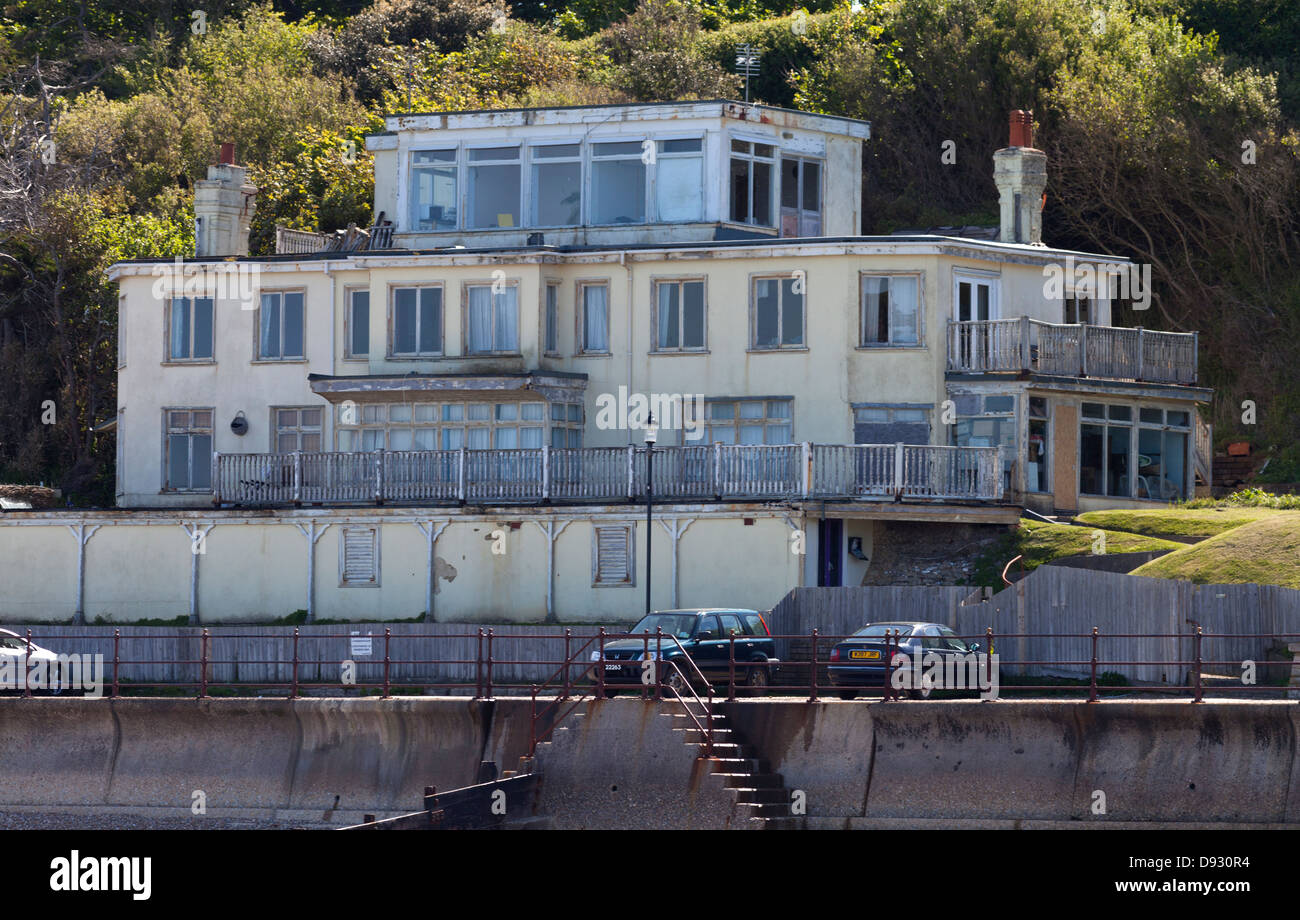 Run down dilapidated disused seaside old hotel Totland Bay Isle of ...