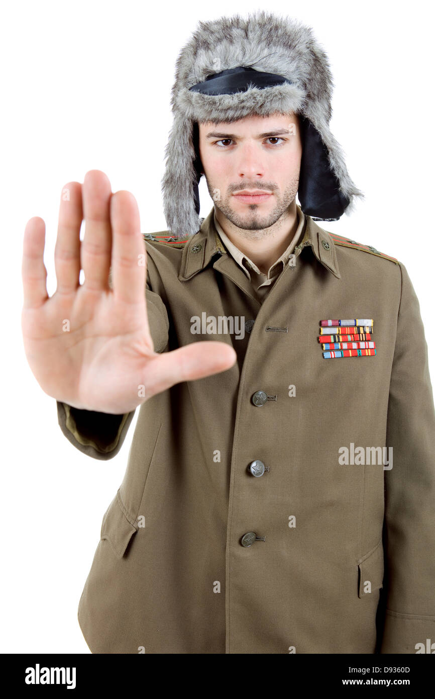 young man dressed as russian military making stop, studio Stock Photo ...