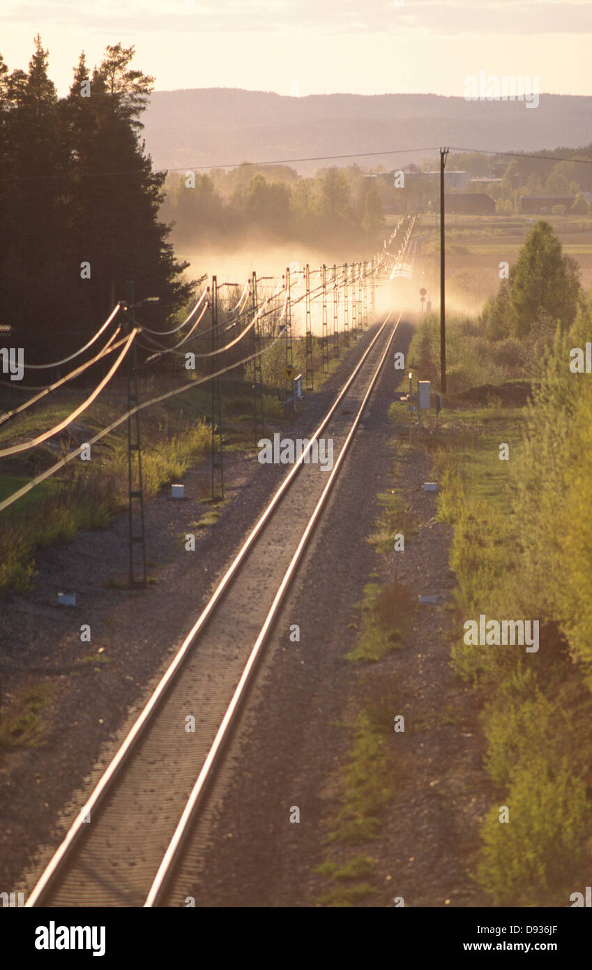 Electric lines along railway track, elevated view Stock Photo - Alamy