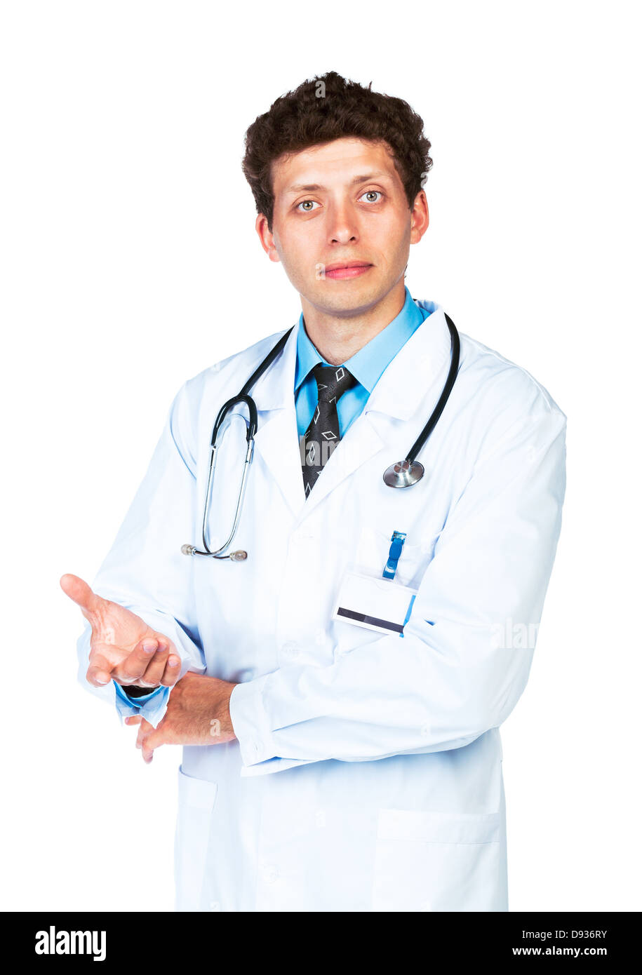 Portrait of a male doctor showing finger at you on white background ...