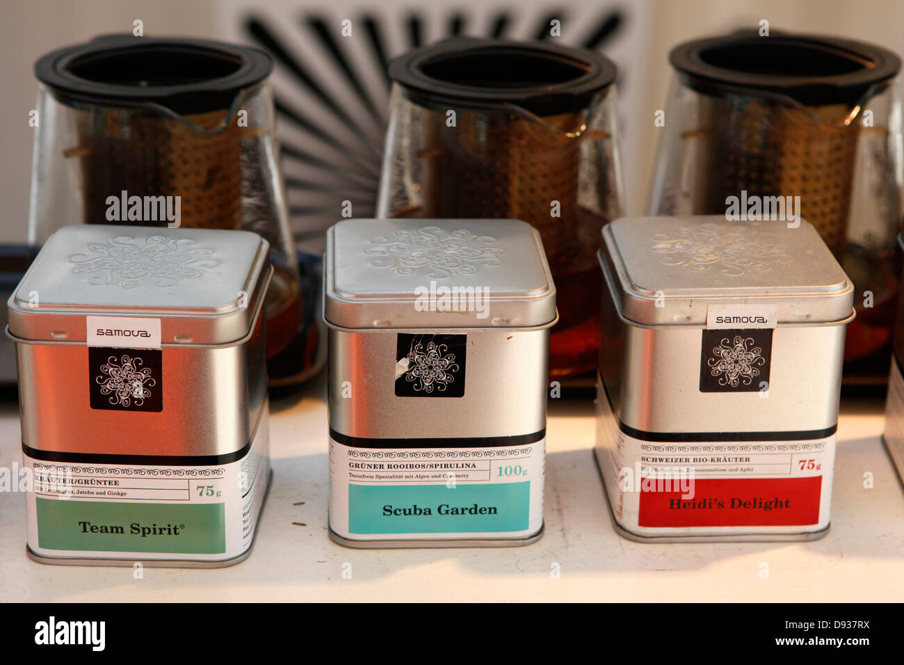 Tins of tea on sale at the The International Garden Show in Hamburg ...
